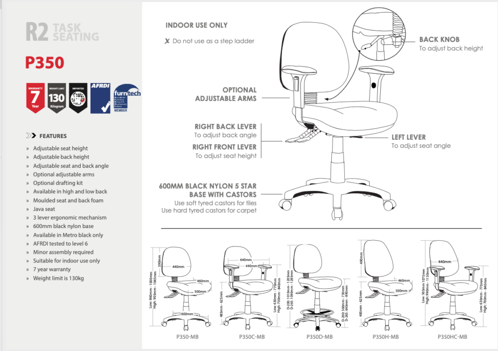P350 Task Mesh Seating – P350H-MB – Aus Office Furniture